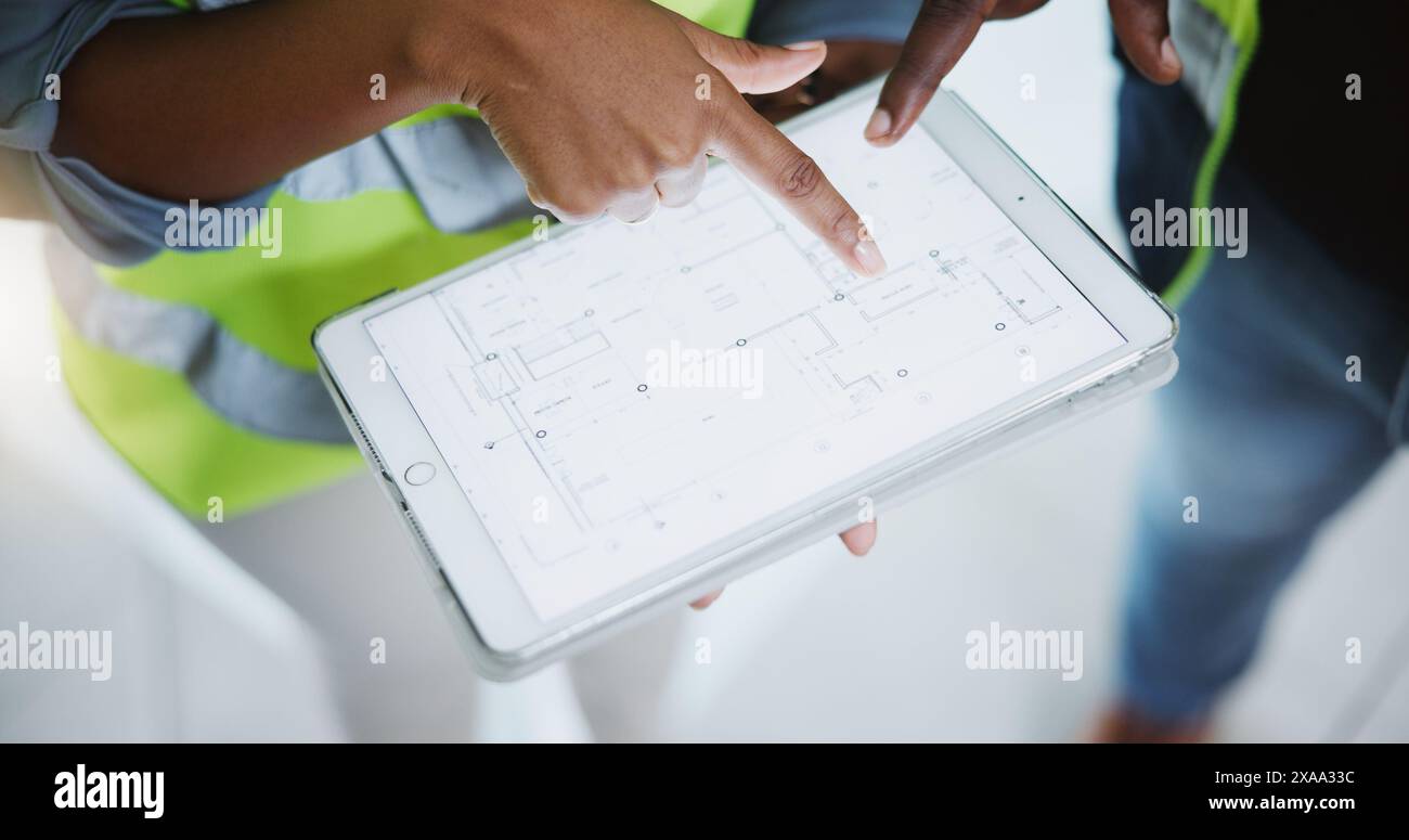 Construction blueprints, hands and people with tablet in closeup for ...