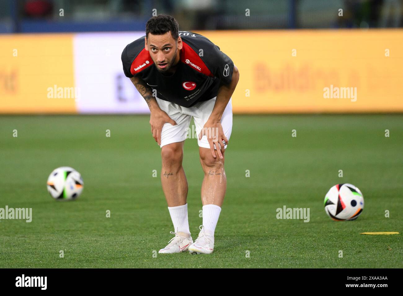 Hakan Calhanoglu of Turkey warms up during a friendly football match ...
