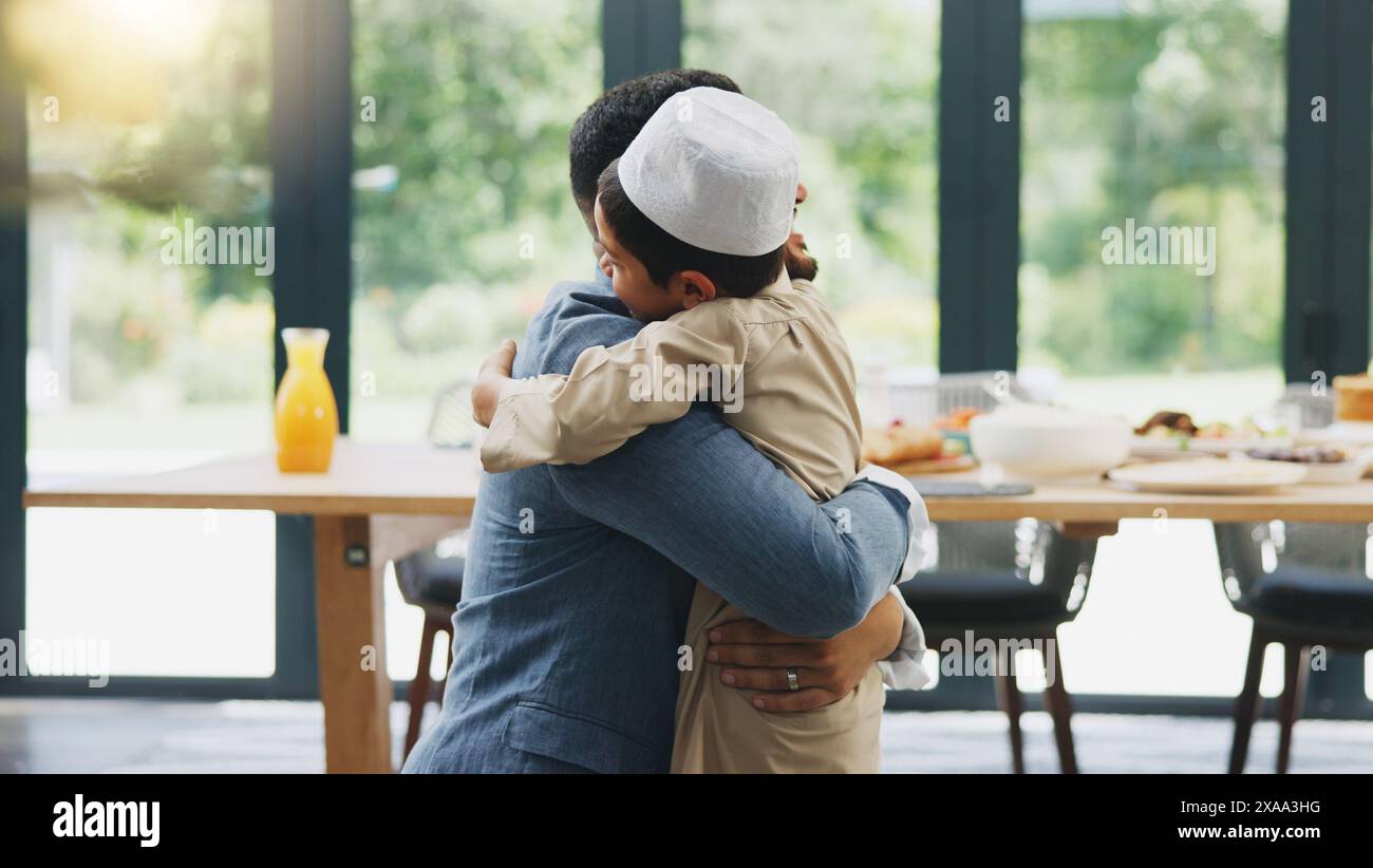 Muslim, father and son with hug at home for hello, reunion and bonding ...