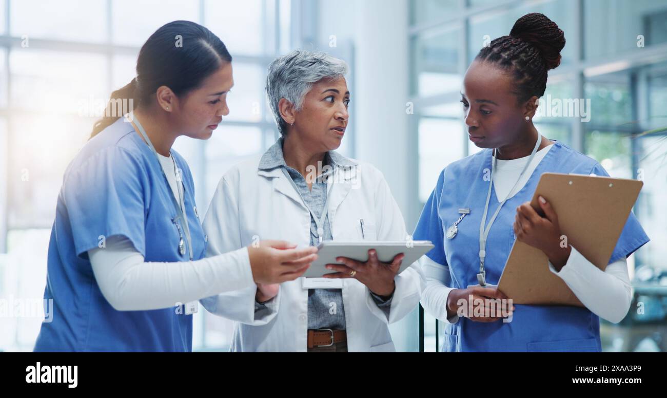 Healthcare, women and doctor with tablet and clipboard for discussion ...