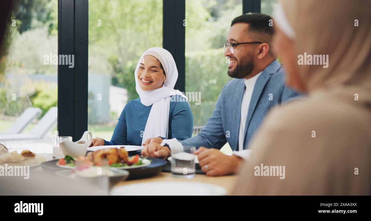 Islamic, family and dinner in home for eid, muslim celebration and ...