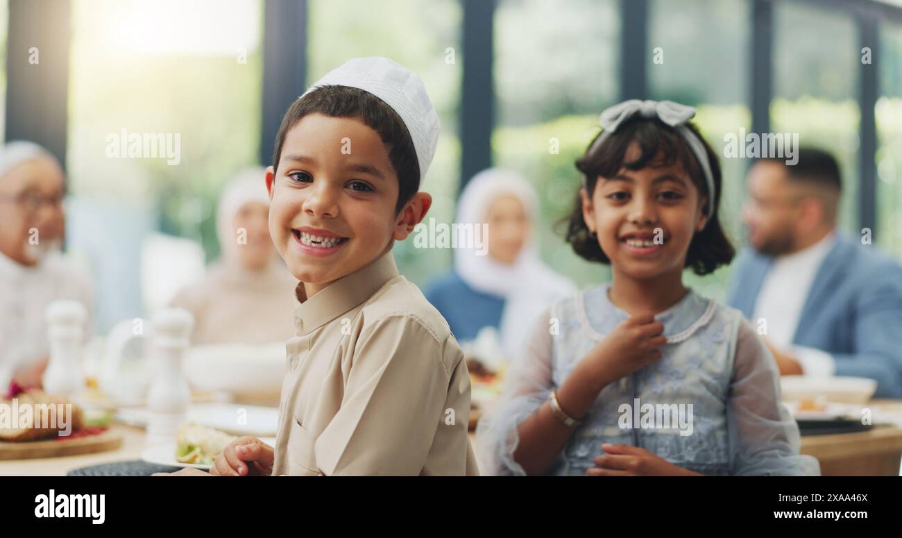 Portrait, happy kids and Muslim family eating dinner for Iftar, ramadan ...