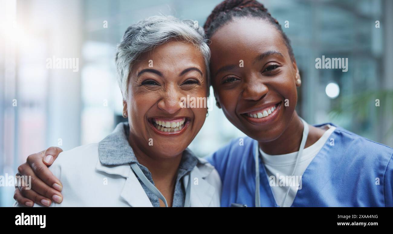 Portrait, woman doctor and nurse hug in hospital with smile for ...