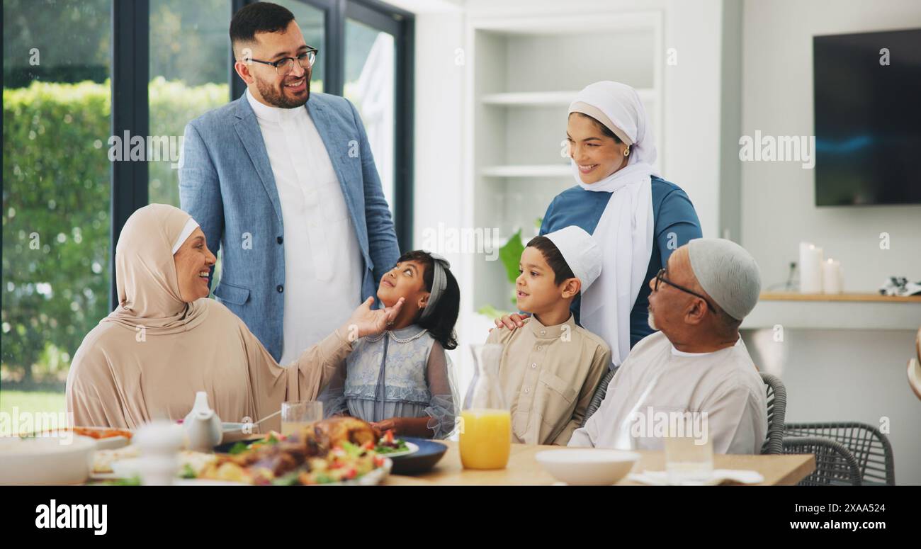 Islamic, family and dinner in home for ramadan, muslim celebration and ...