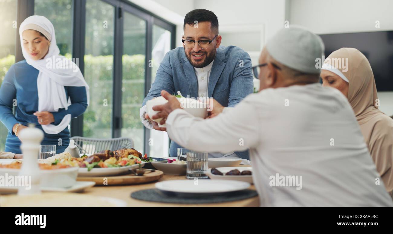 Muslim family, social gathering and food for celebration of Eid ...
