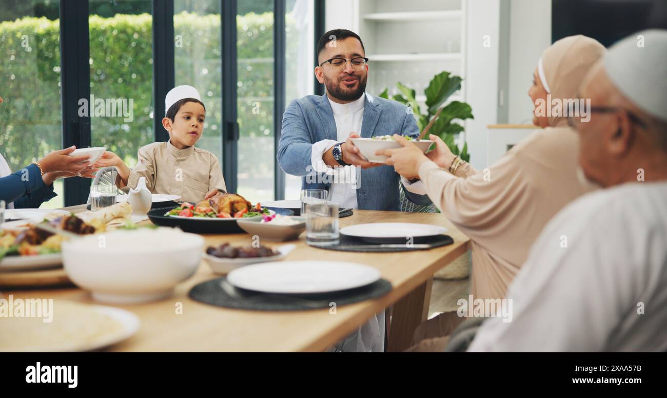 Muslim, family and dinner in home for eid, islamic celebration and ...
