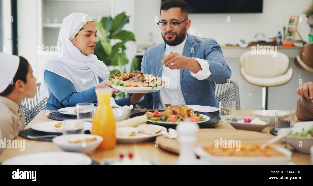 Islamic, family and dinner at home for eid mubarak, muslim celebration ...