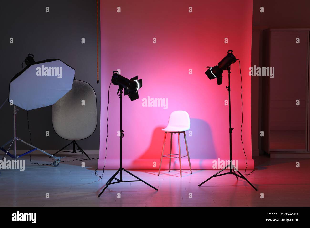 Photo background in neon lights and professional lighting equipment ...