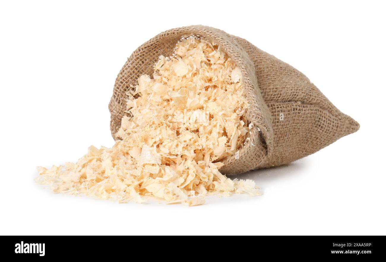 Natural sawdust in burlap sack isolated on white Stock Photo - Alamy