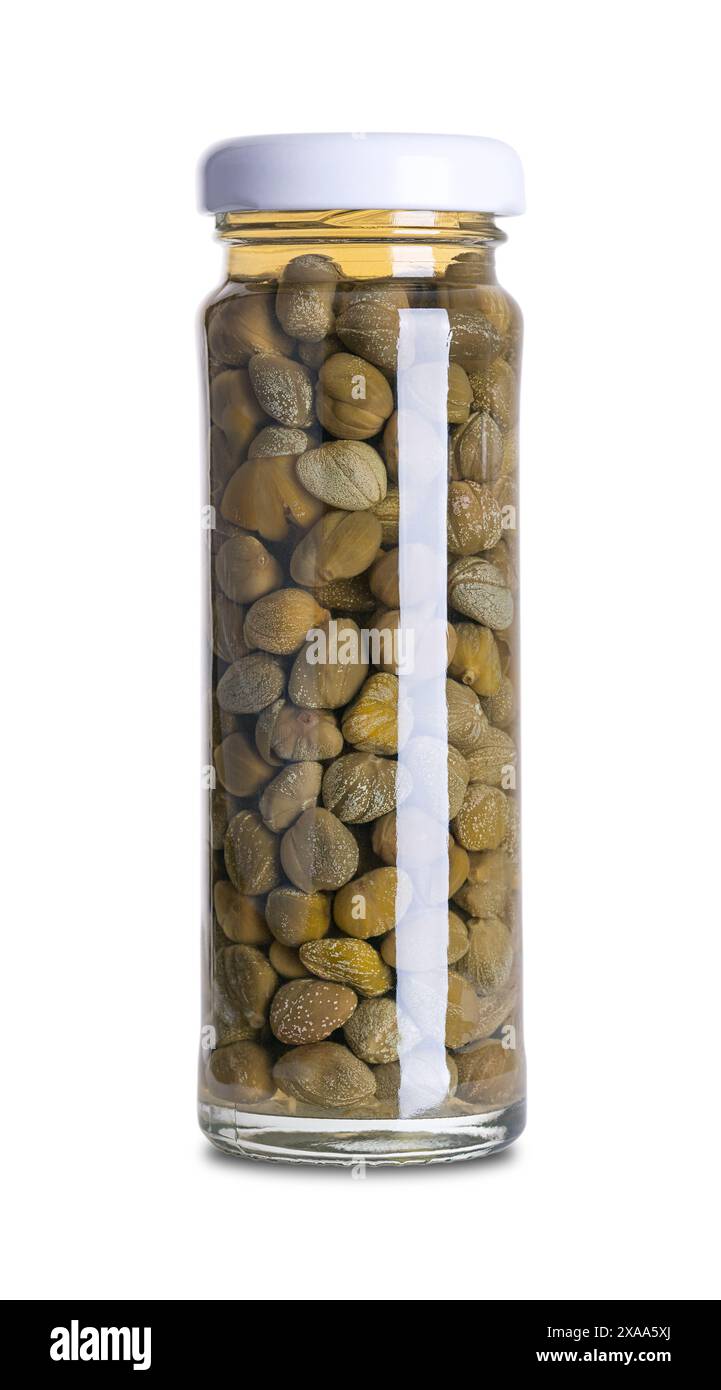 Pickled capers in a glass jar. Edible flower buds of Capparis spinosa ...