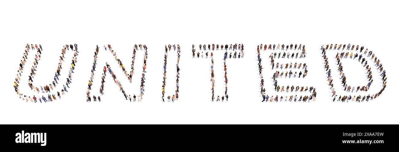 Concept conceptual large community of people forming UNITED word. 3d ...