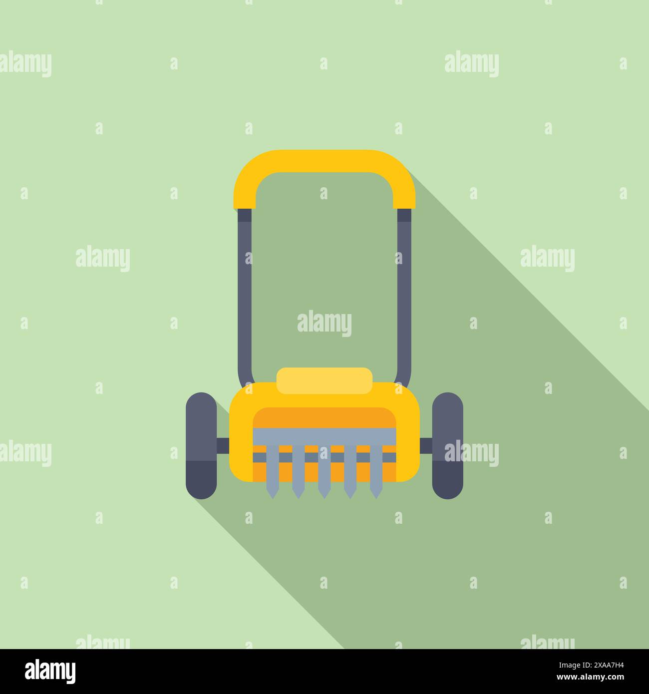 Modern flat design graphic of a yellow hand push lawn mower on a green ...