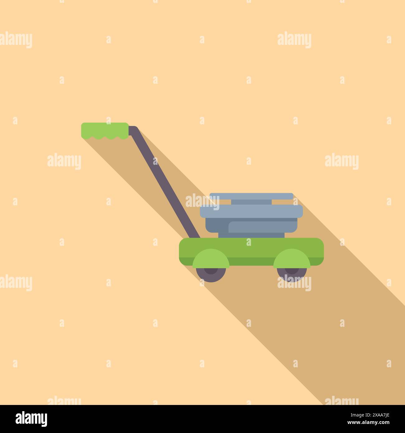 Flat design vector illustration of a green cartoon lawn mower with long ...