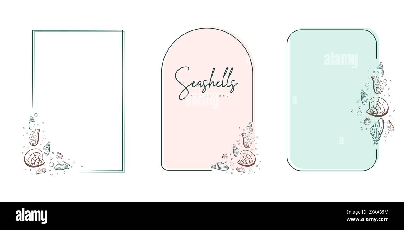 Set of hand drawn line art frames with shells, bubbles, algae and coral ...