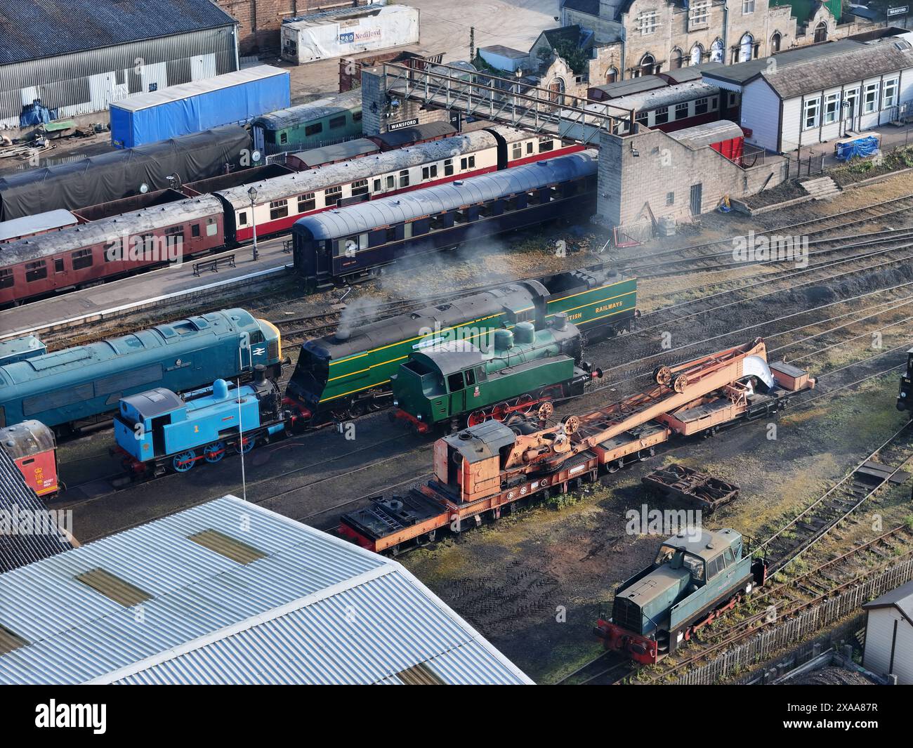 An aerial view of locomotives at Nene Valley Railway yard, Peterborough ...