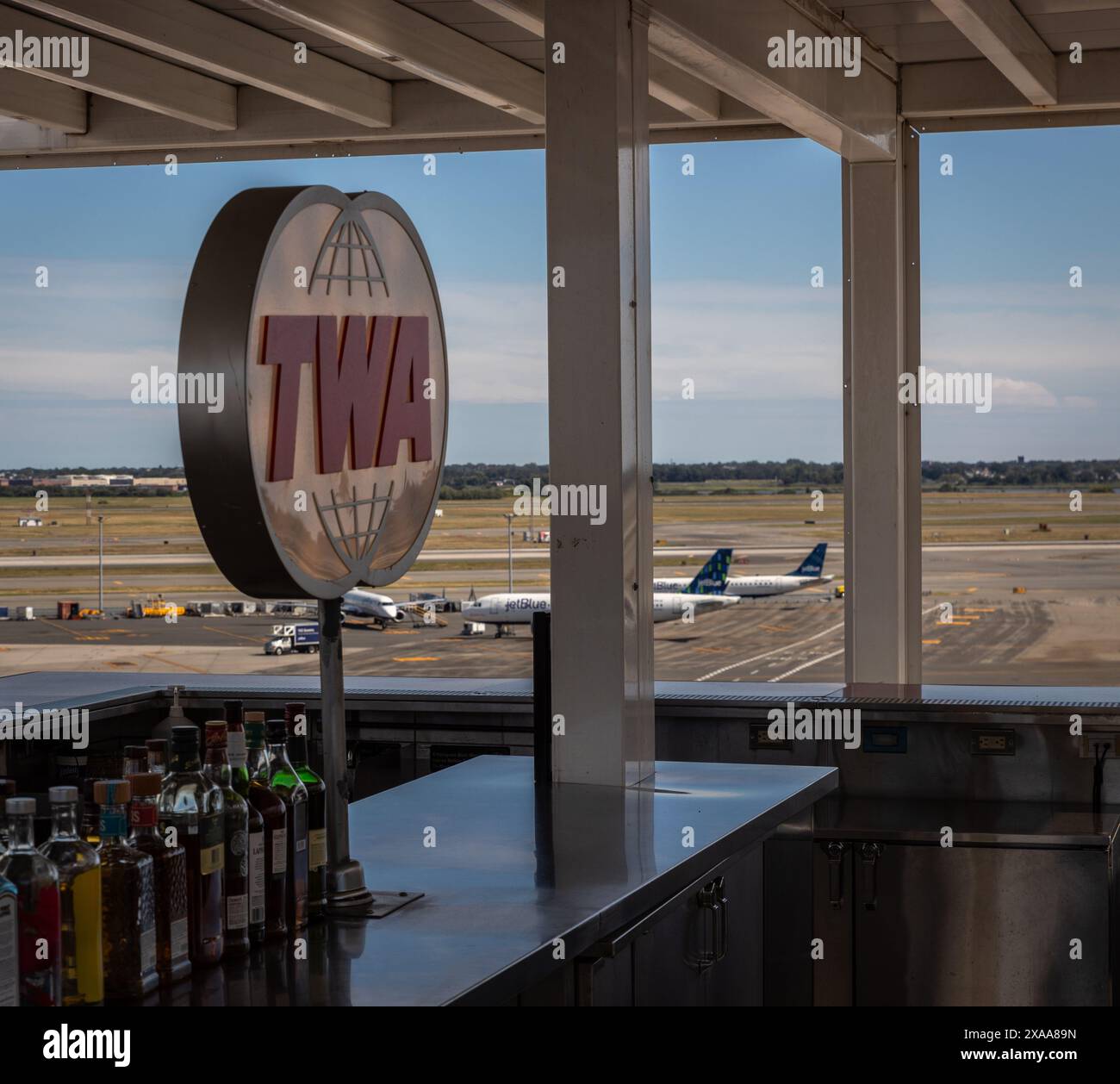 A rooftop bar at the TWA Hotel at JFK Airport in New York City with ...
