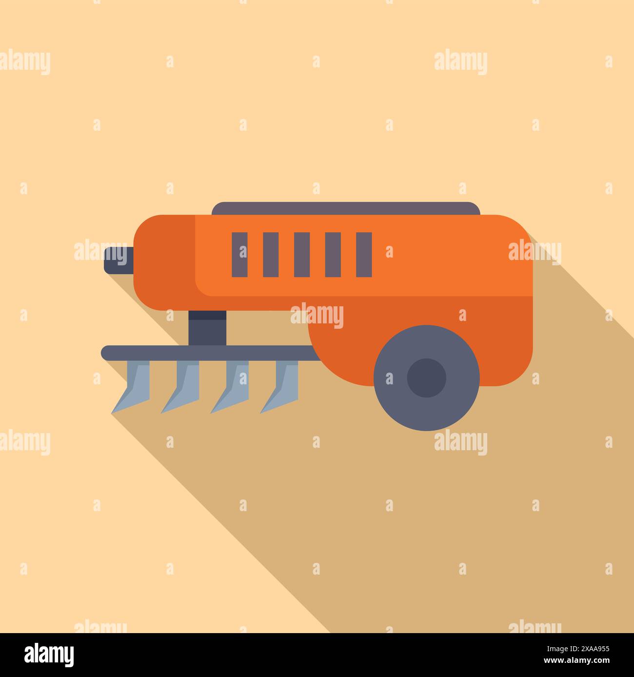 Flat design of a bright orange cartoon style air compressor with shadow ...