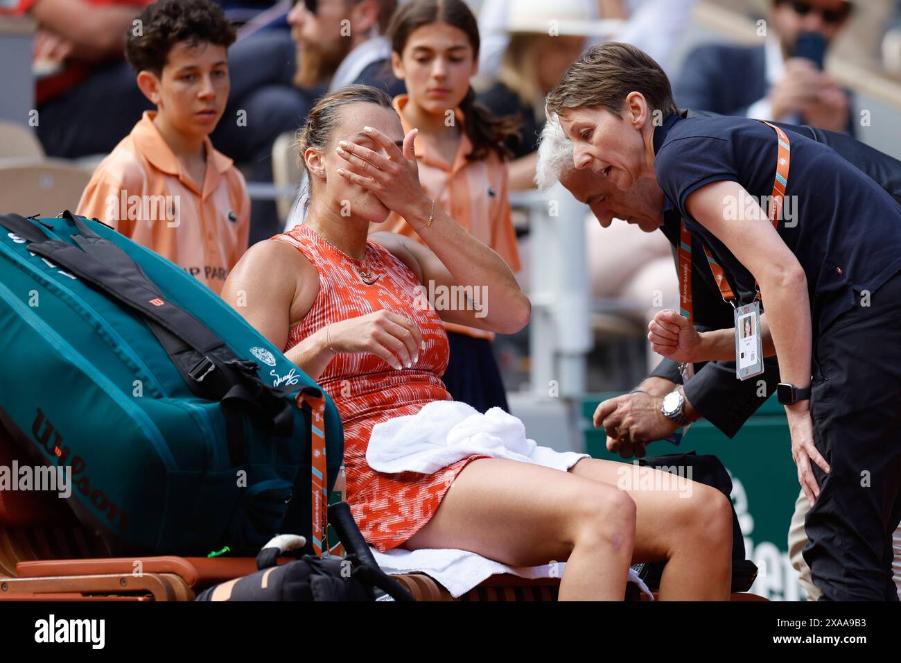 Aryna Sabalenka of Belarus takes medication during her quarterfinal ...