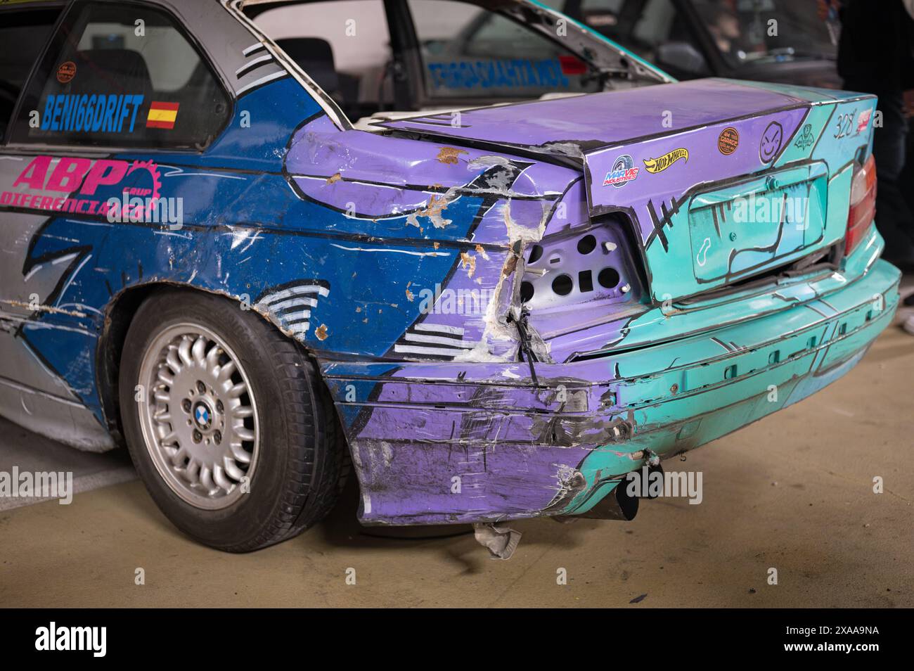 Detail of the blow on the rear of the BMW E36 drifting car. He hit the ...