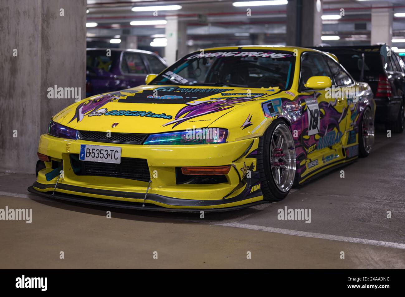 Front view of a spectacular Nissan Silvia S14 Kouki prepared for street racing and drifting. It ...