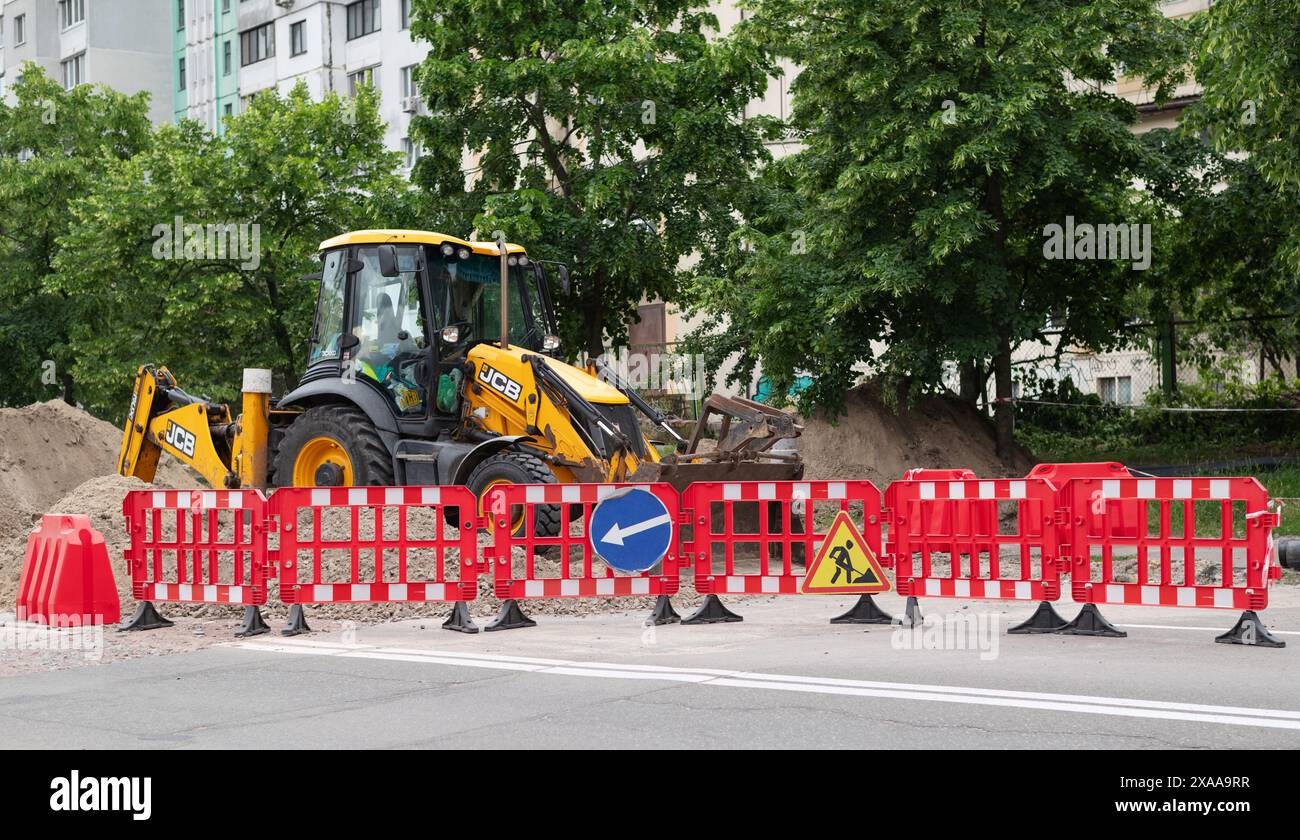 Kyiv, Ukraine, June 5, 2024. Road repair on a section closed with ...