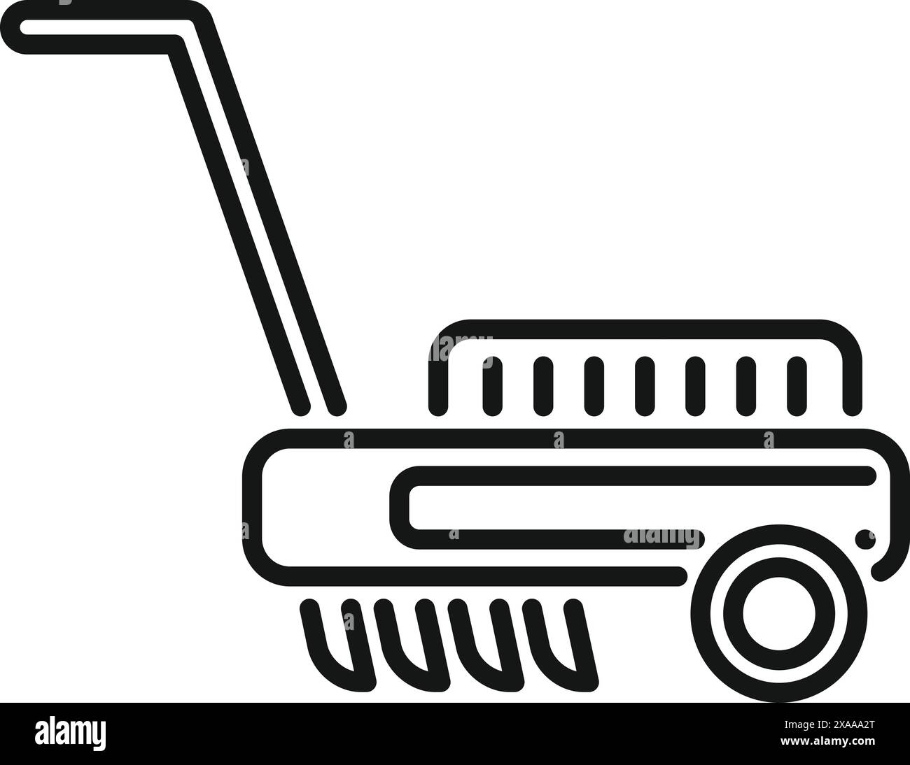 Simple black and white illustration of a lawn mower in line art style, suitable for icons or ...
