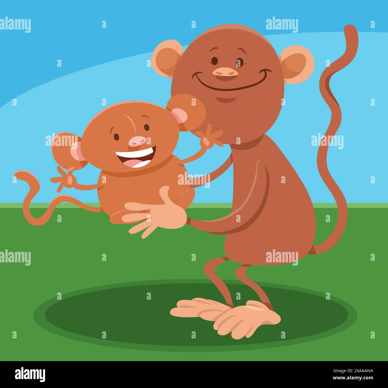 Cartoon illustration of funny monkey animal character with baby monkey ...