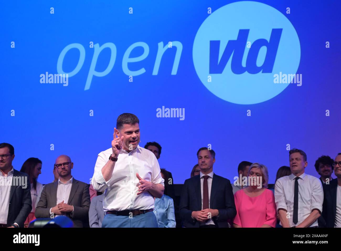 Lint, Belgium. 05th June, 2024. Open Vld's chairman Tom Ongena delivers ...