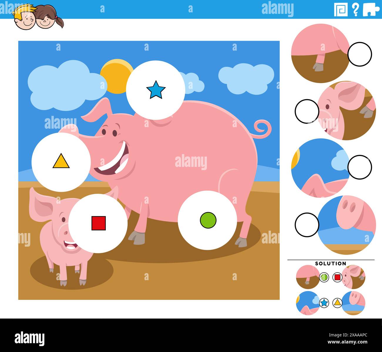 Cartoon illustration of educational match the pieces jigsaw puzzle game ...