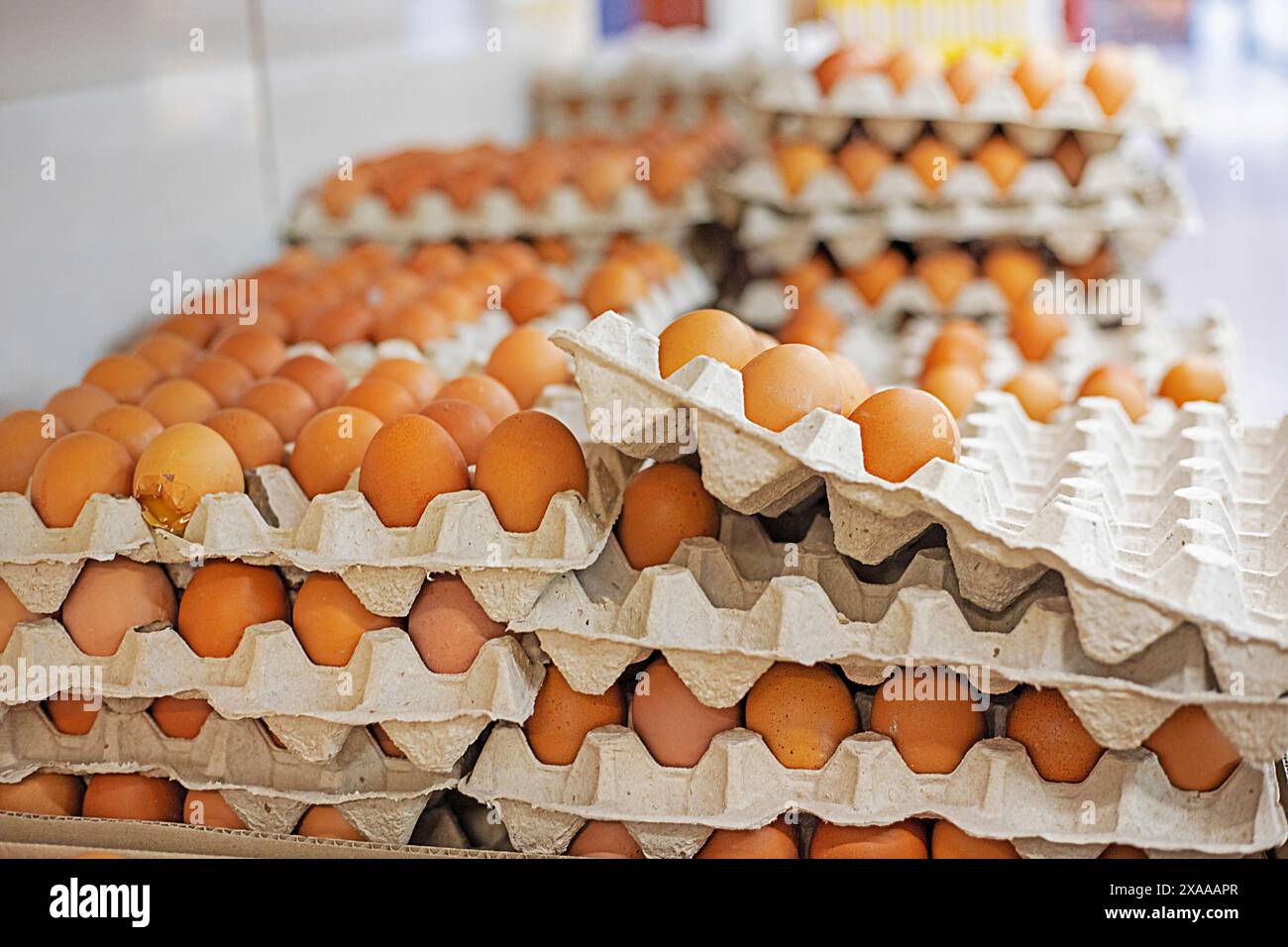 brown chicken eggs in cardboard containers on the counter in a store ...