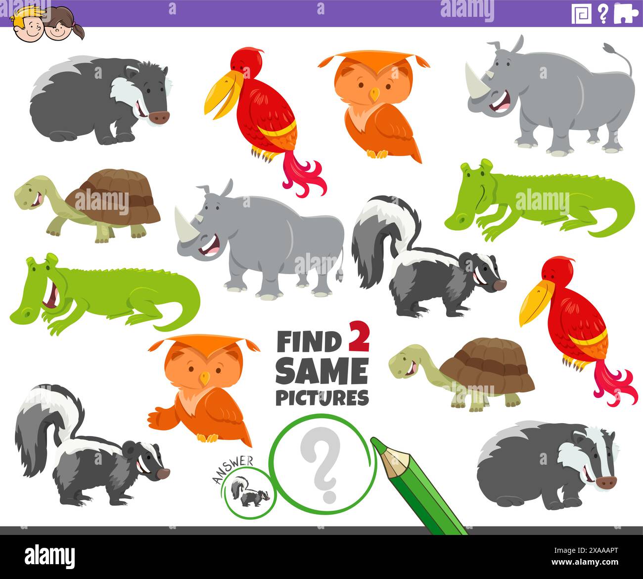 Cartoon illustration of finding two same pictures educational activity ...