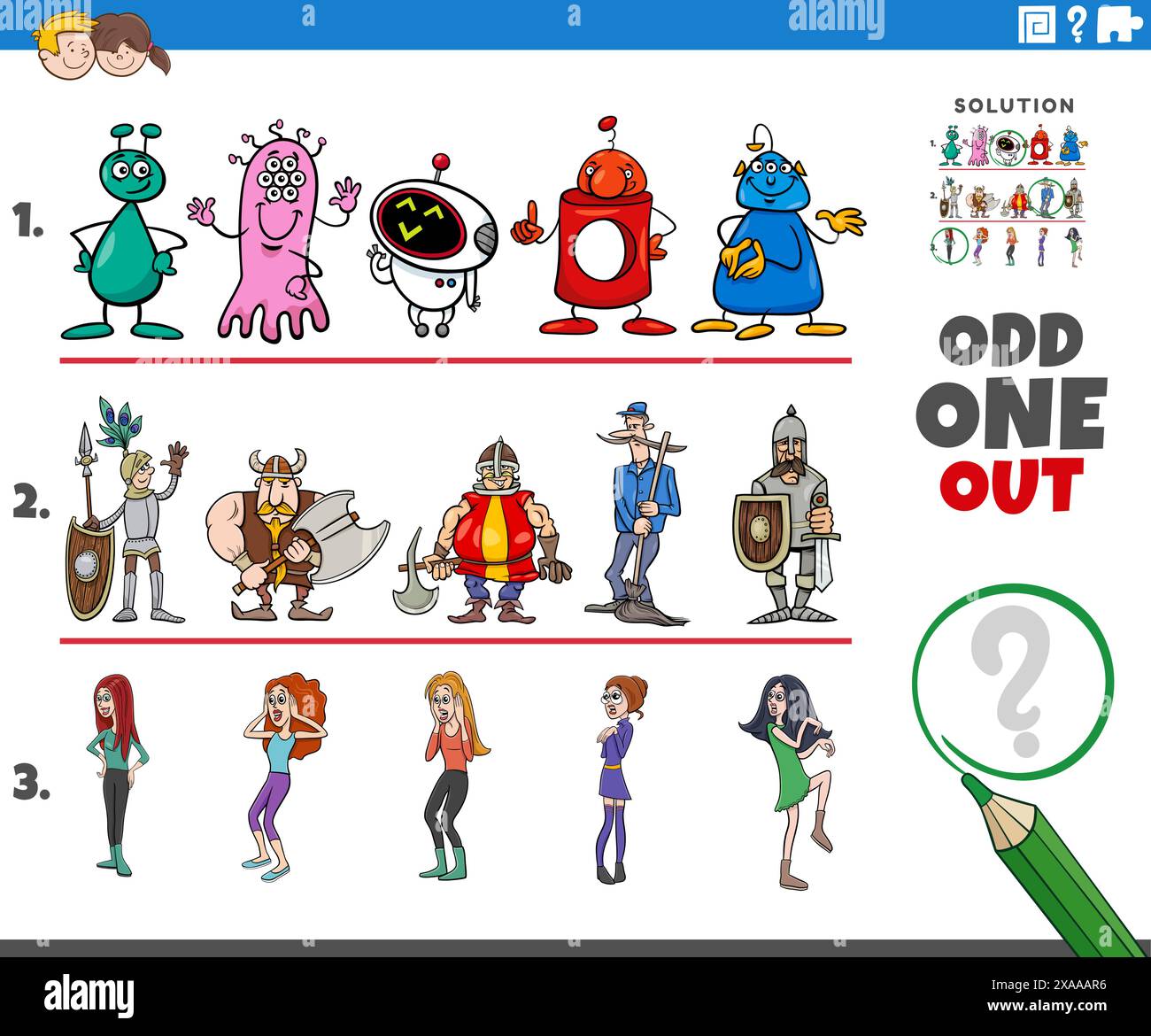 Cartoon illustration of odd one out picture in a row educational ...
