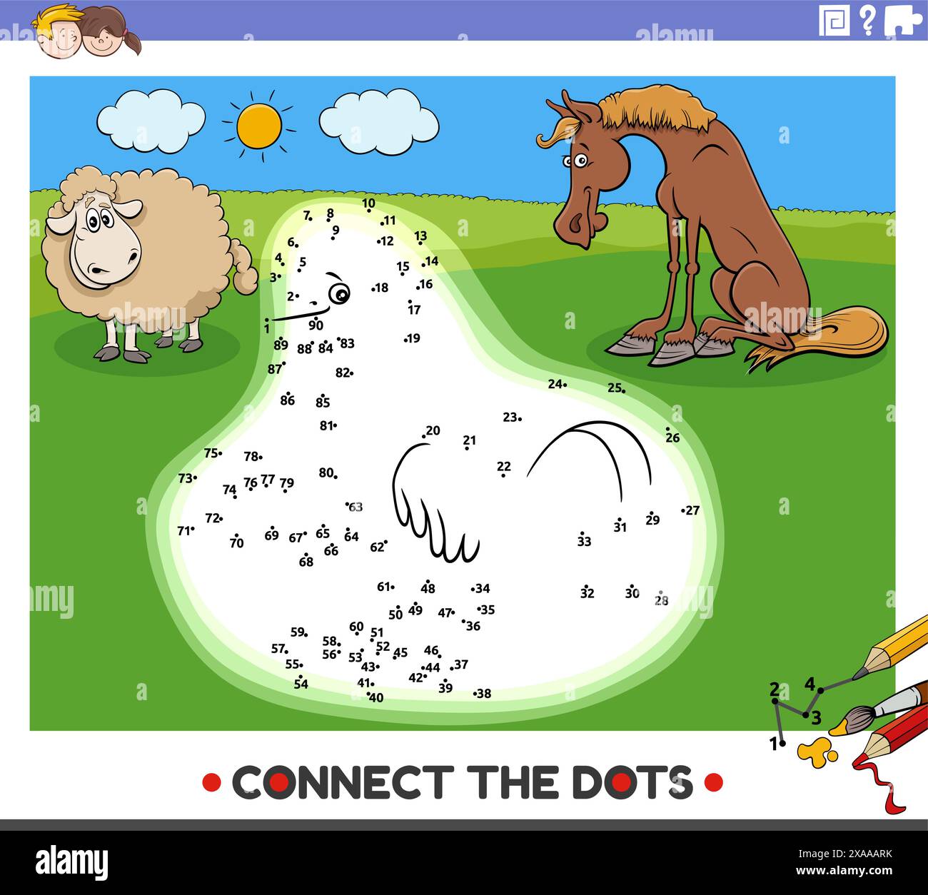 Cartoon illustration of educational connect the dots activity game with ...
