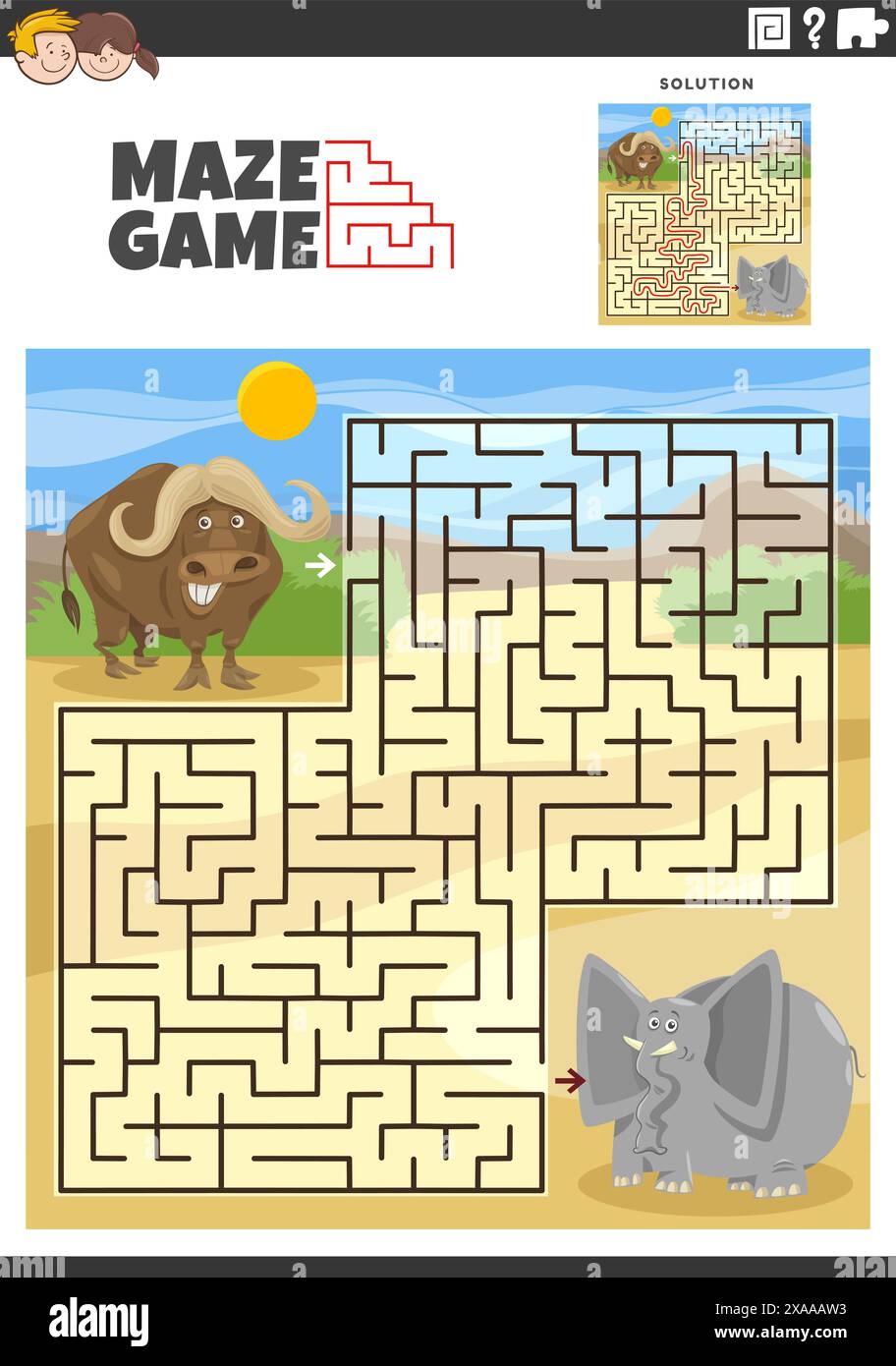 Cartoon illustration of educational maze puzzle game with African ...