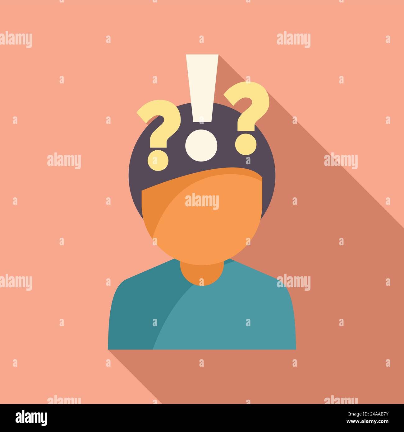 Flat design vector illustration of a person with question marks, depicting confusion or inquiry ...