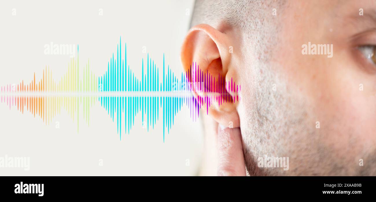 young man ear closeup listening, sound wave, acoustics Auditory System ...