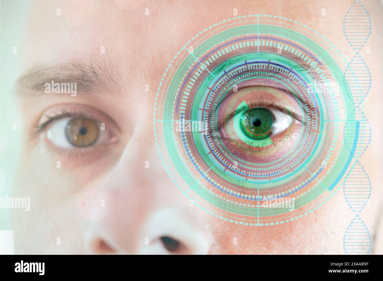 male eye close-up, part face, human bionic eye, cutting-edge technology ...