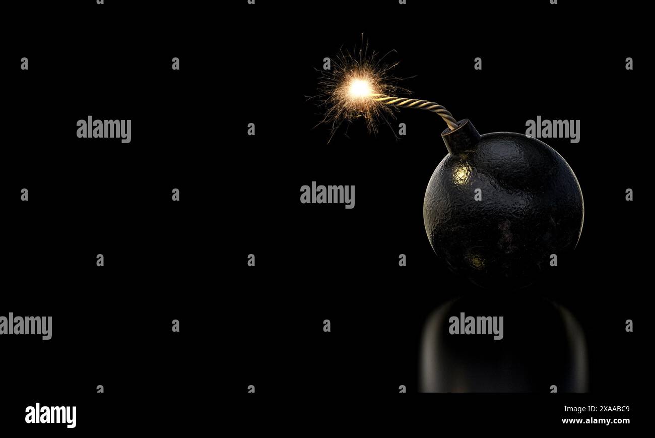 Lit fuse burning vintage bomb reflective black background copyspace ...