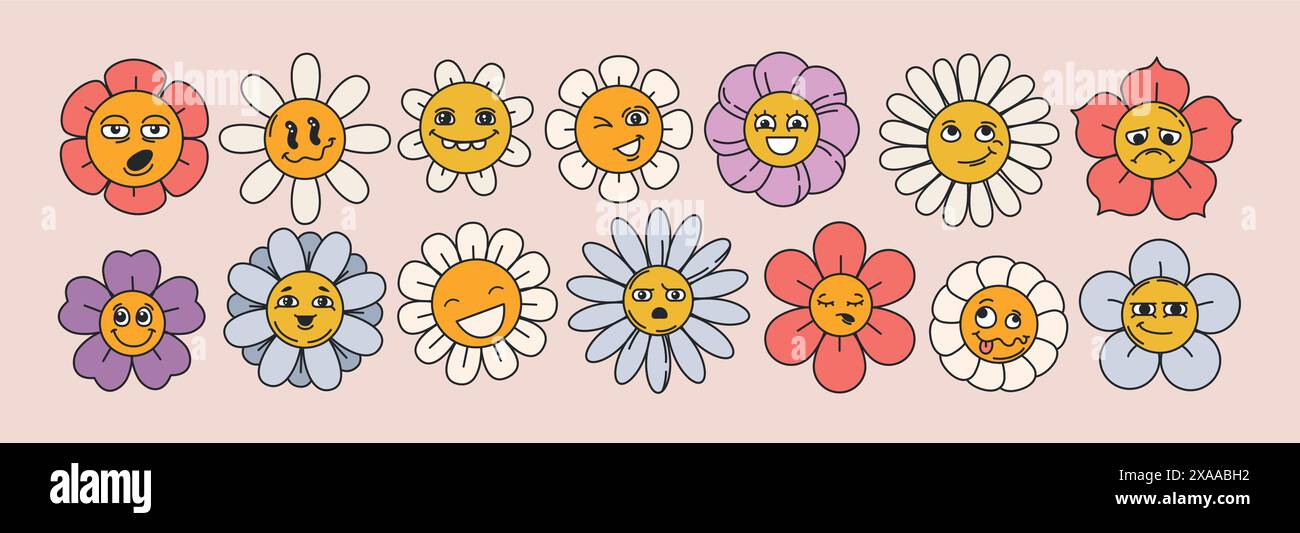 Vector groovy daisy flowers set with funny smiling faces. Funky flower ...