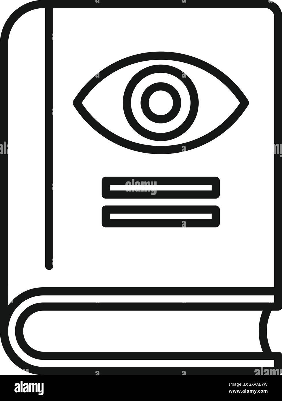 Black and white line art icon depicting a book with an eye symbol on ...