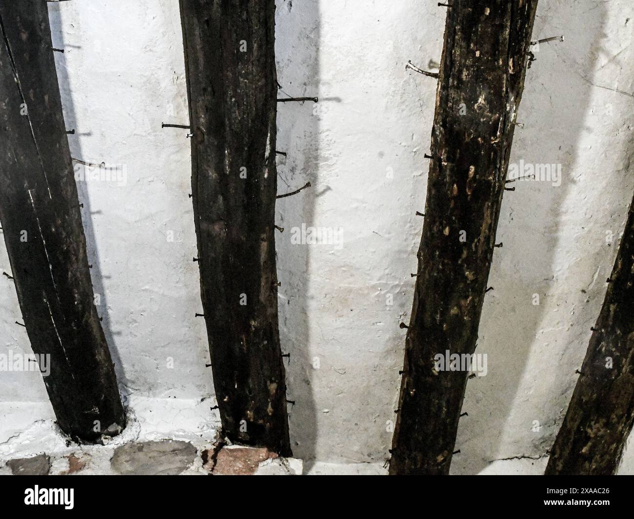 Traditions of a slaughter: wooden beams with nails for hanging sausages ...