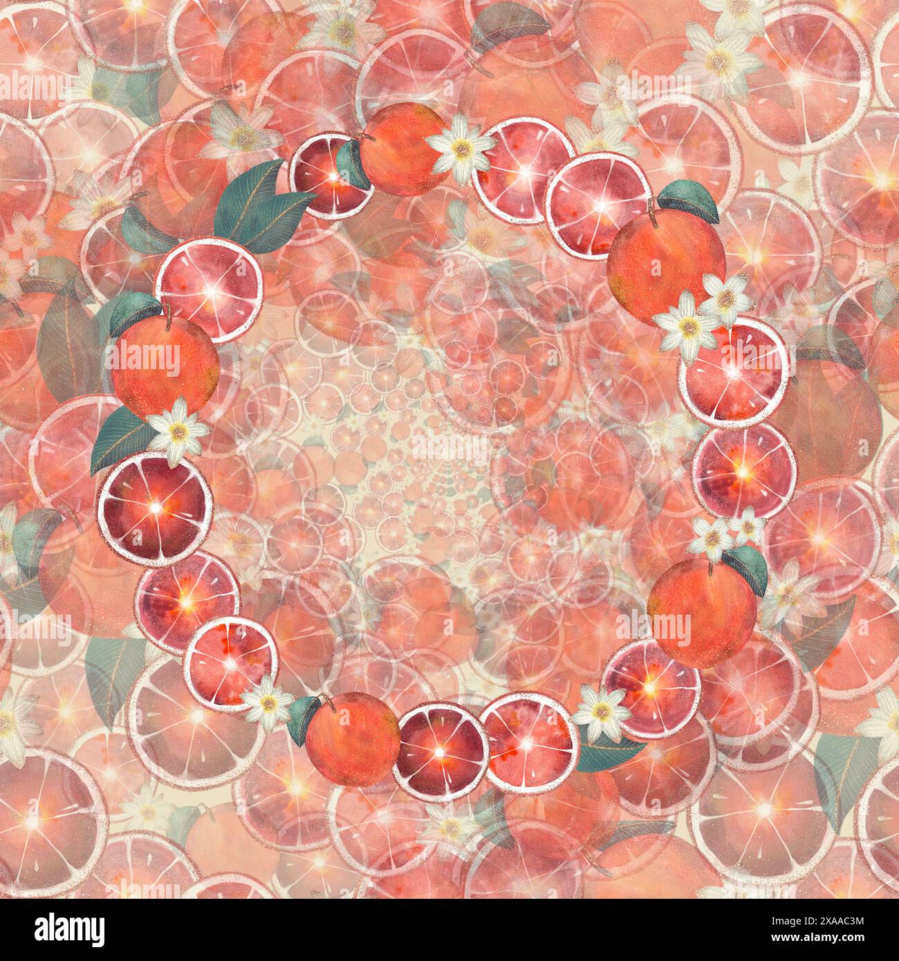 A vibrant circular pattern showcases citrus fruits, flowers, and light ...
