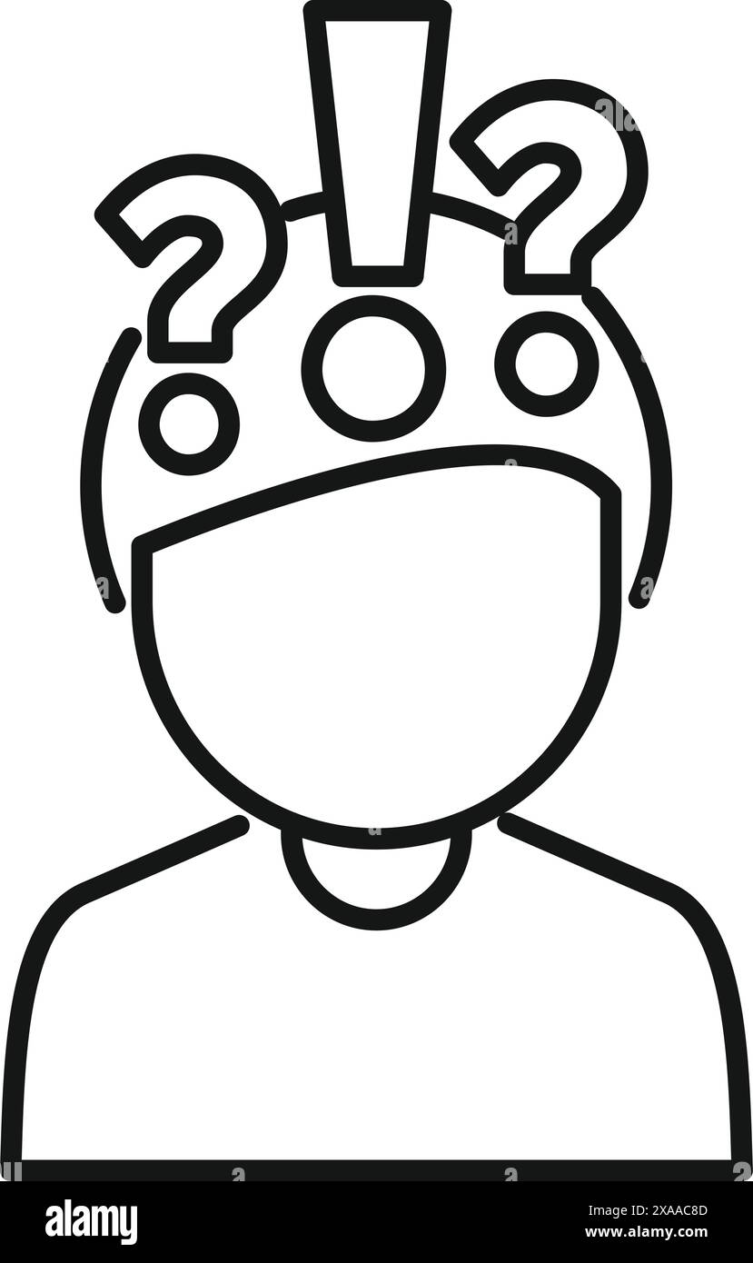 Black and white line drawing of a person's head with question marks, symbolizing confusion or ...
