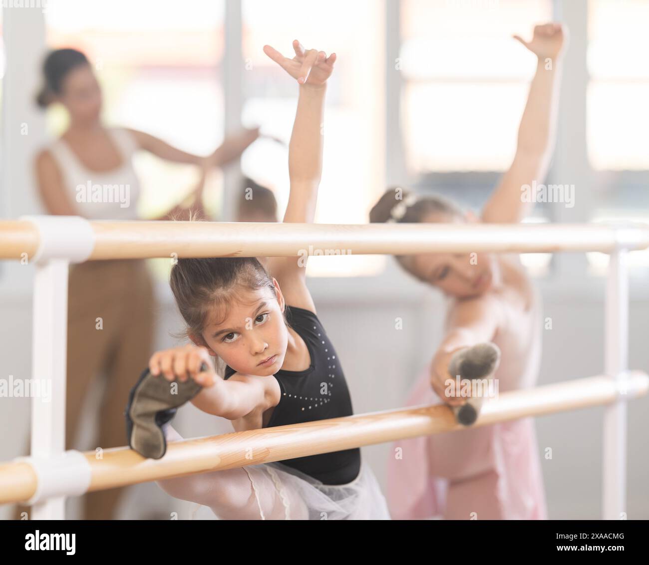 Girls dancers doing stretching at barre Stock Photo - Alamy