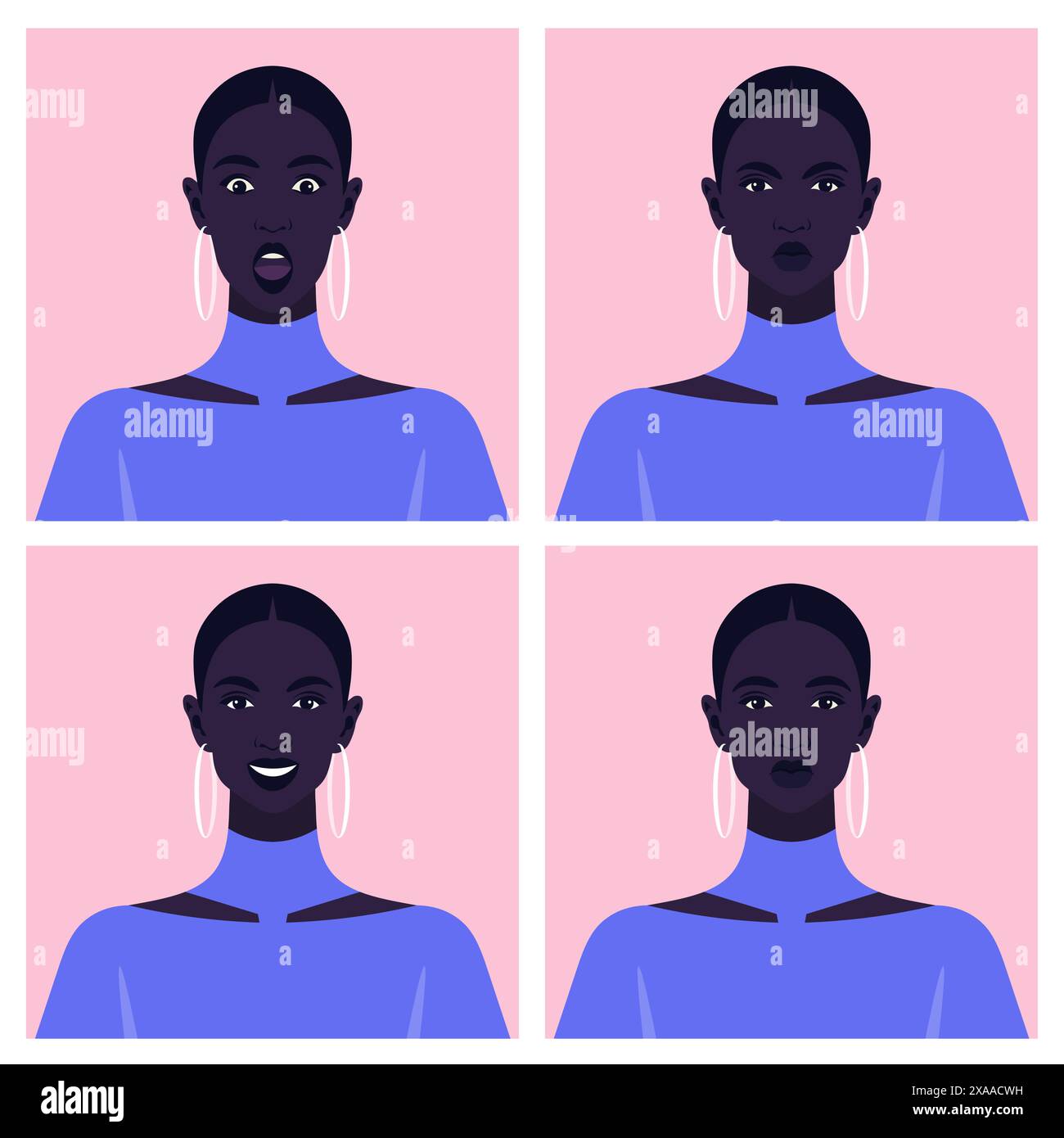 A set of emotions of an African woman's face. Avatars. Happiness, anger ...