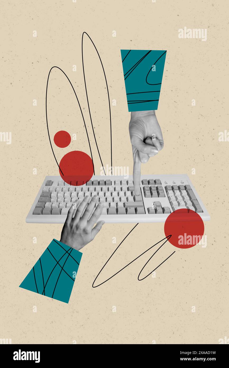 Vertical collage human hands body fragment fingers press button ...