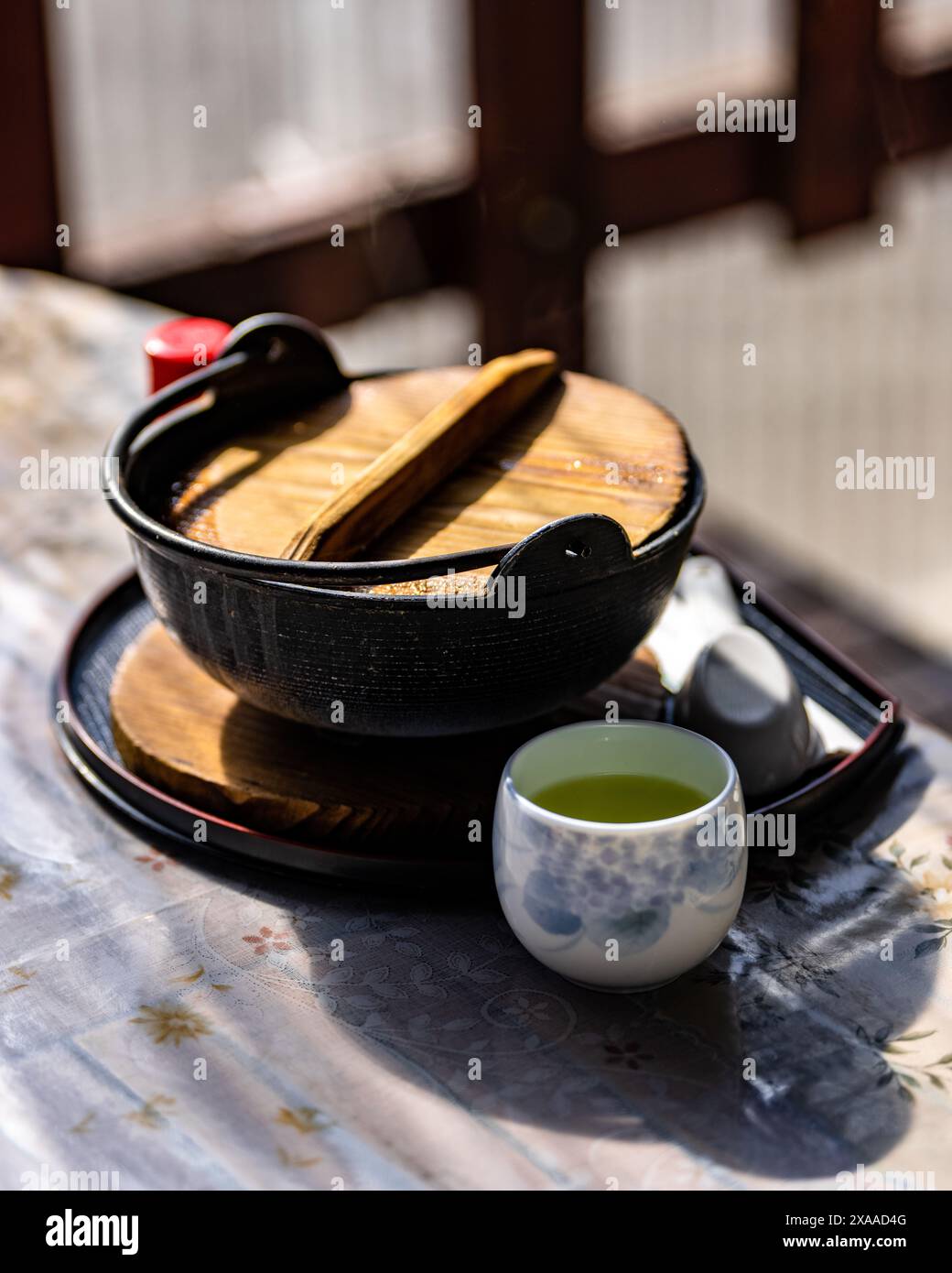 The Japanese tea and soup in traditional style at an outdoor restaurant ...