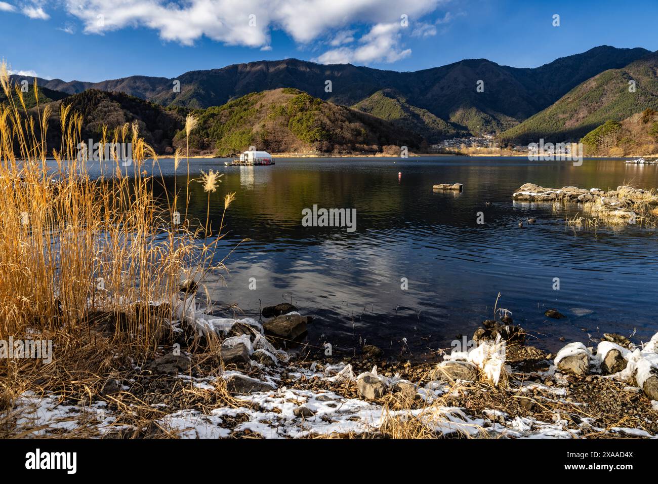 A scenic lake view in Fujikawaguchiko, Japan, featuring a boat ...