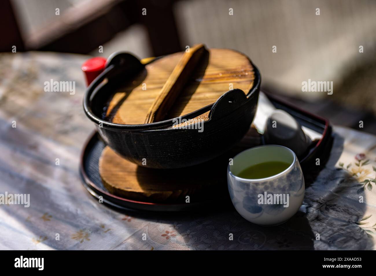 The Japanese tea and soup in traditional style at an outdoor restaurant ...