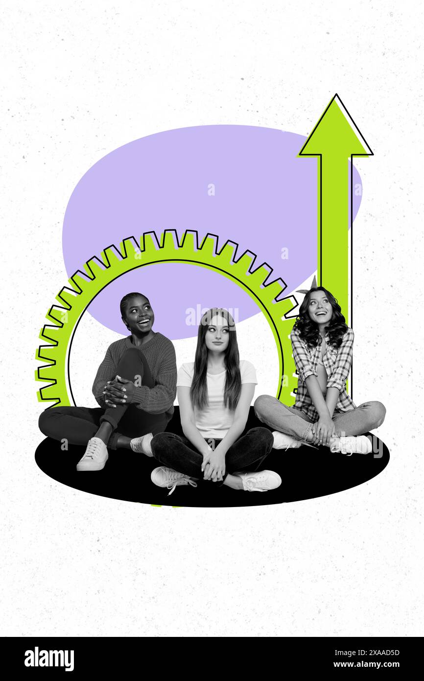 Vertical collage image young group women sit success achievement ...
